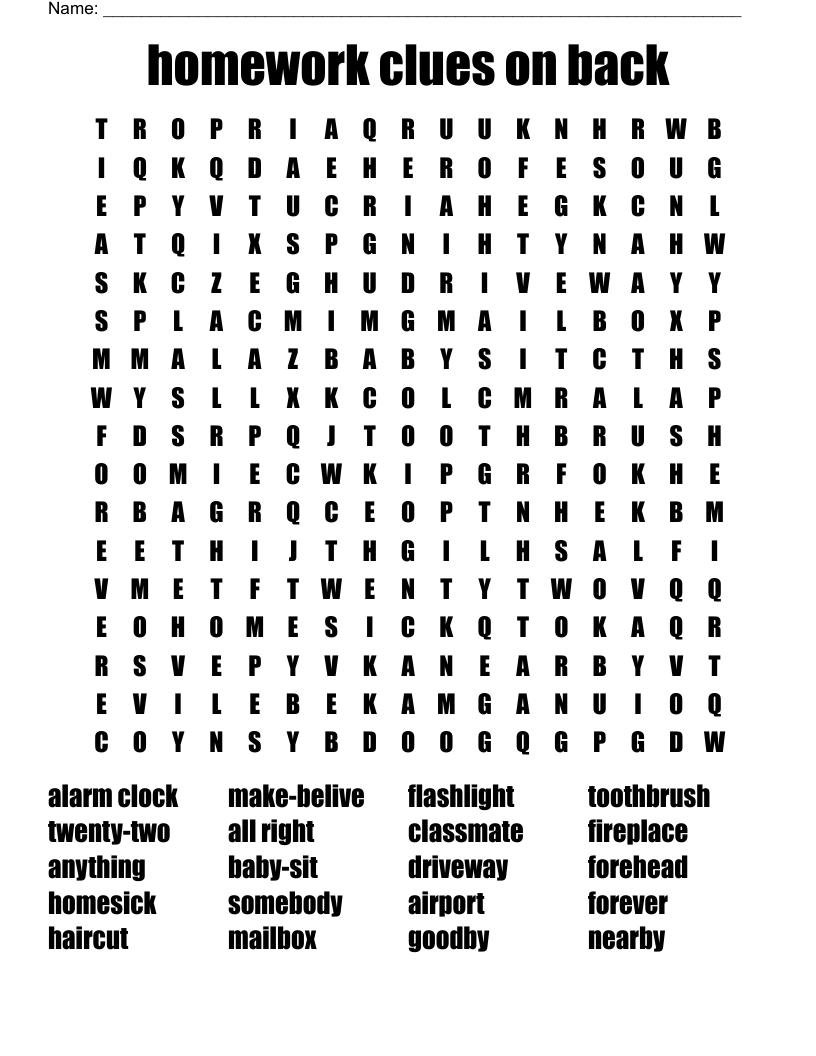 Homework Clues On Back Word Search WordMint