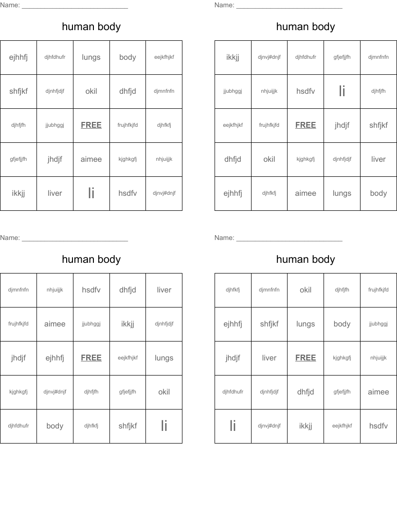 human body Bingo Cards - WordMint