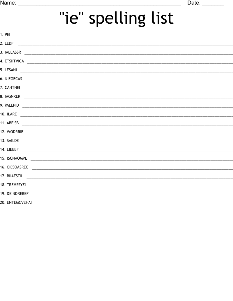 "ie" spelling list Word Scramble - WordMint