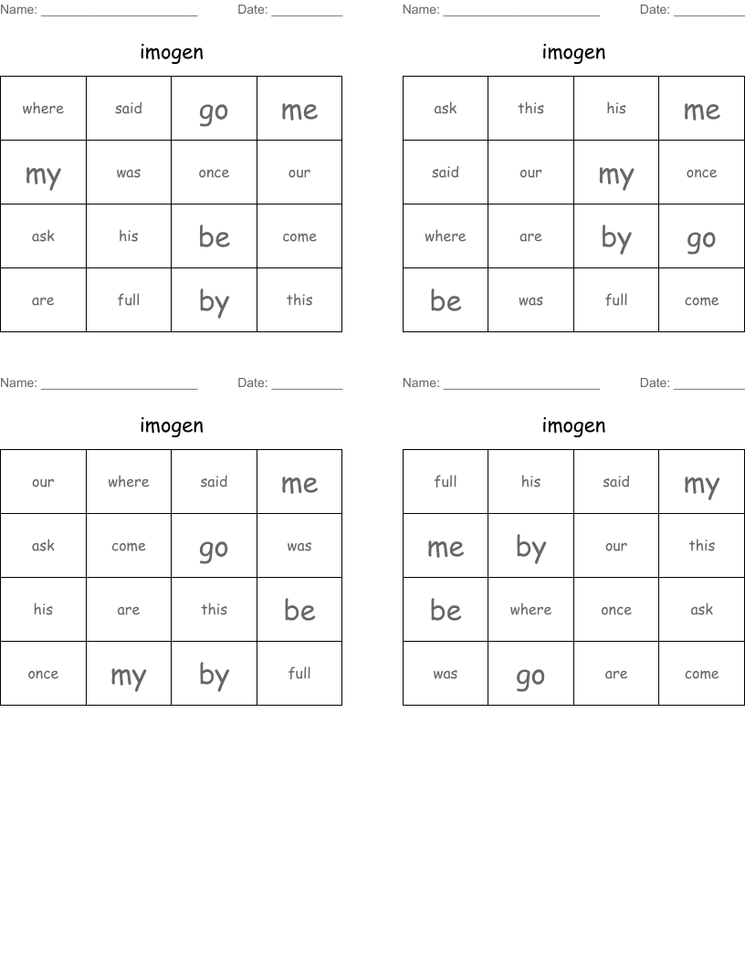 imogen Bingo Cards - WordMint