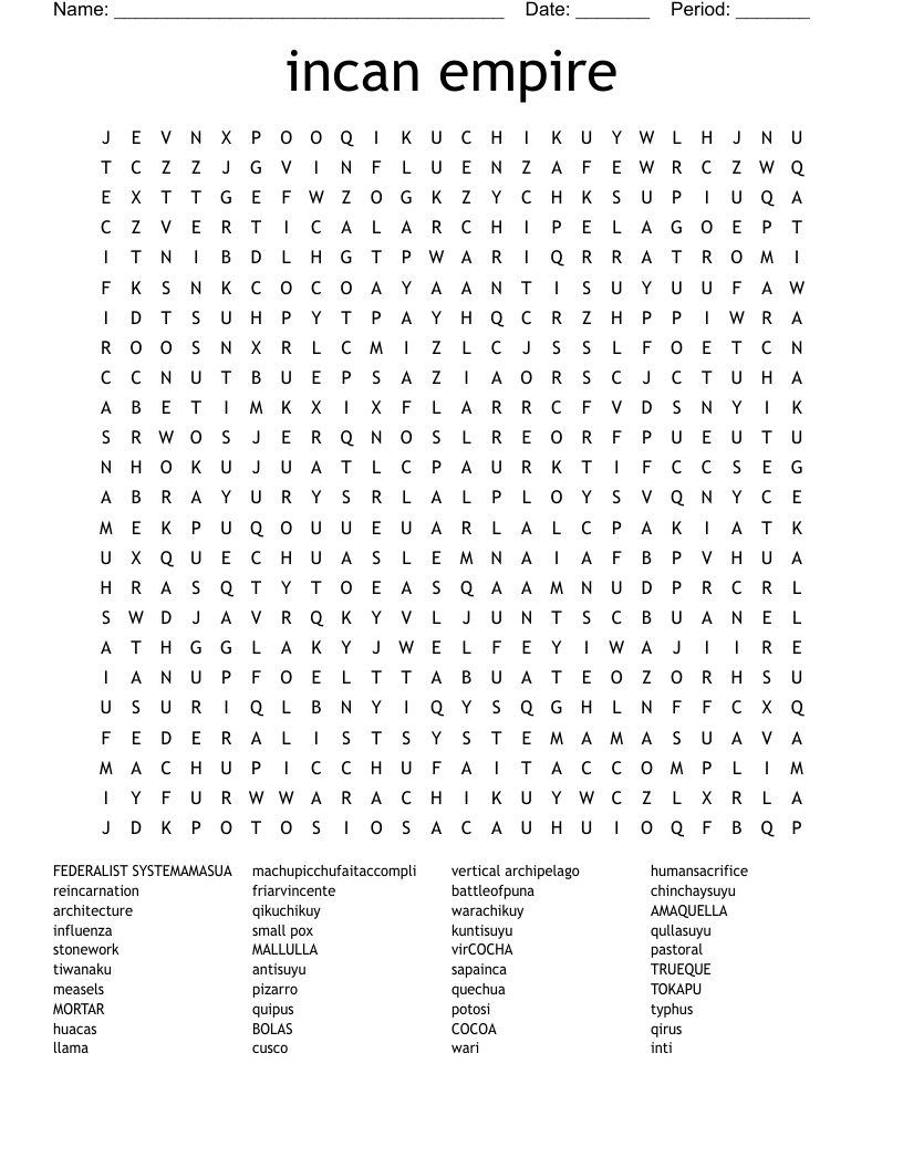 incan empire Word Search - WordMint