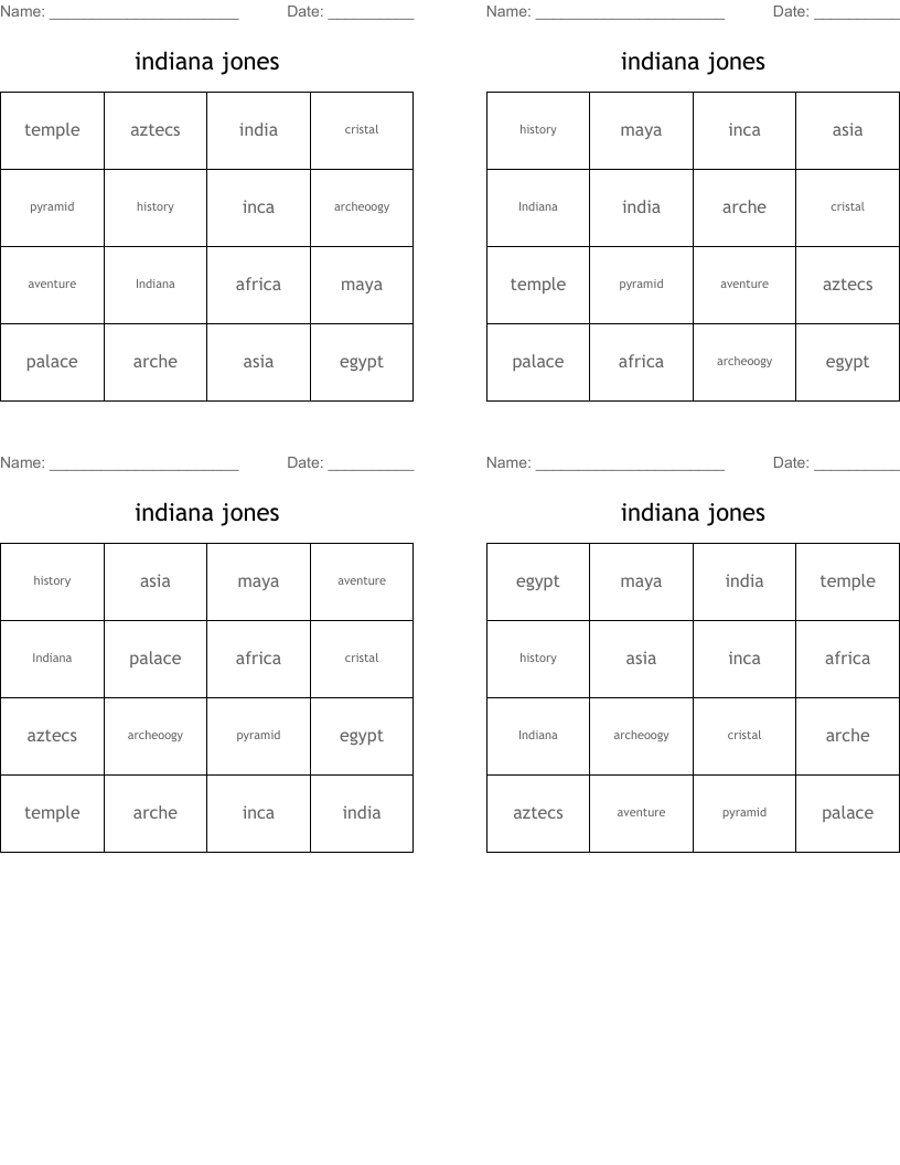 indiana jones Bingo Cards - WordMint