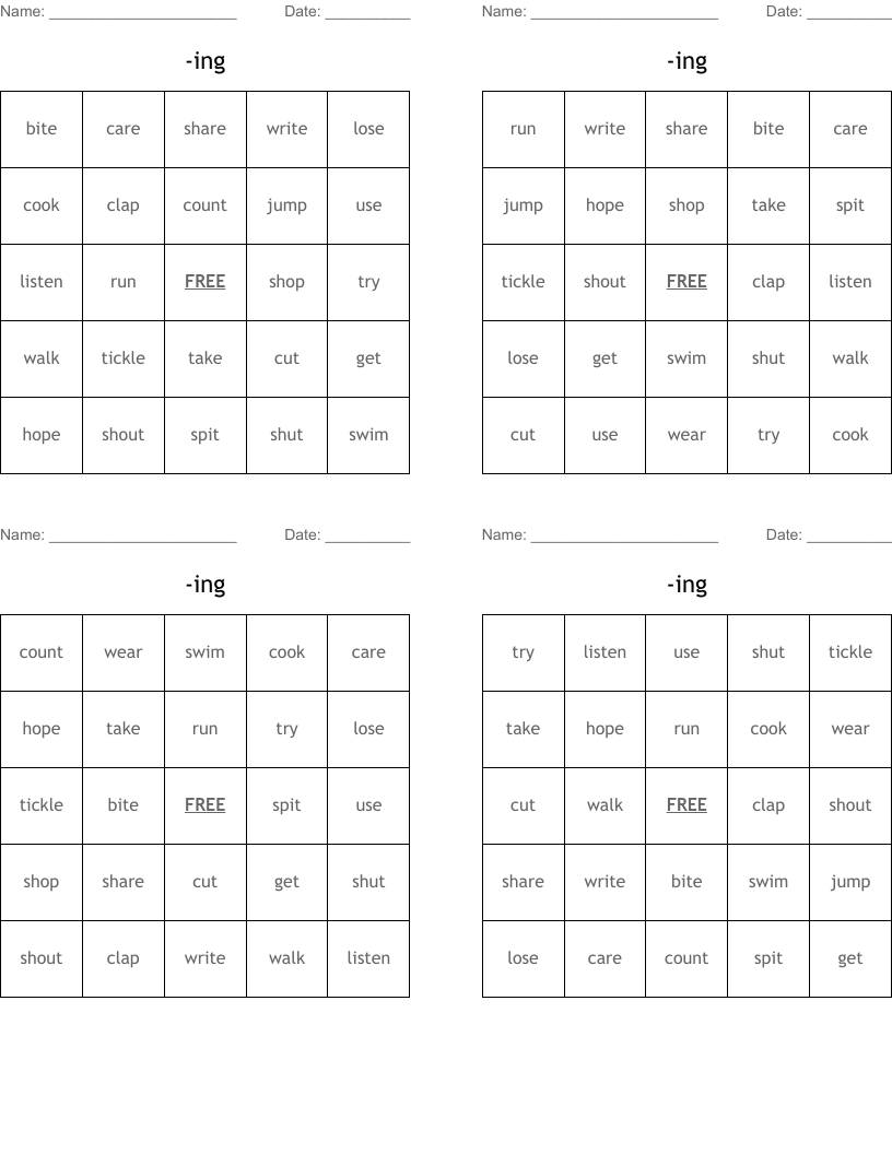 -ing Bingo Cards - WordMint