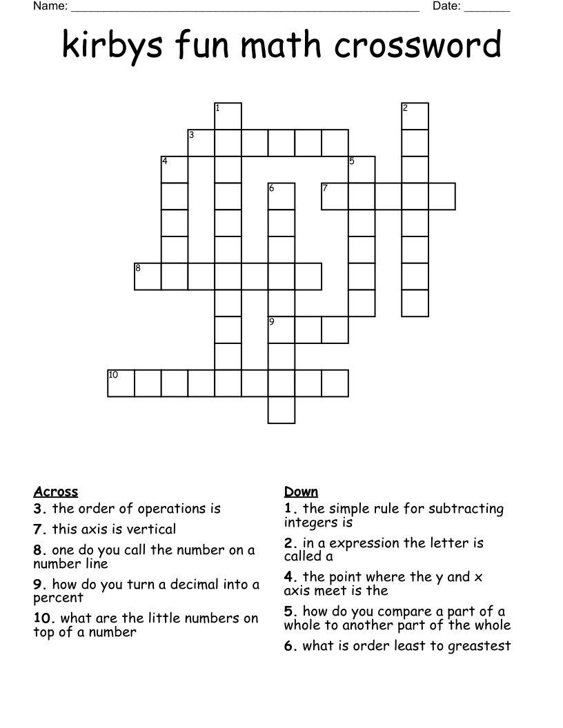 Kirbys Fun Math Crossword WordMint