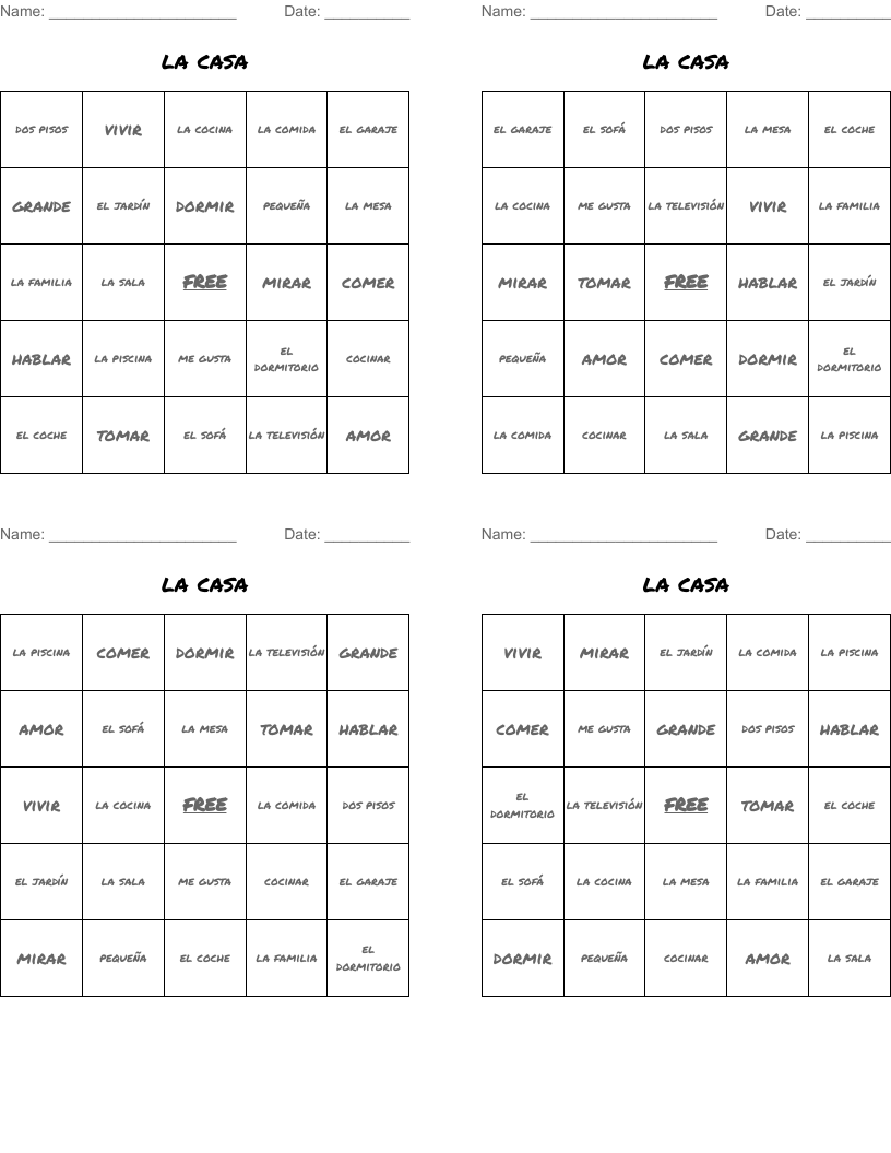 la casa Bingo Cards - WordMint
