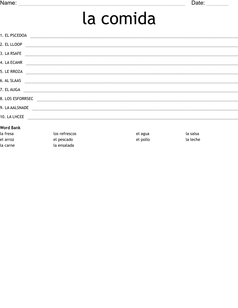 la comida Word Scramble - WordMint