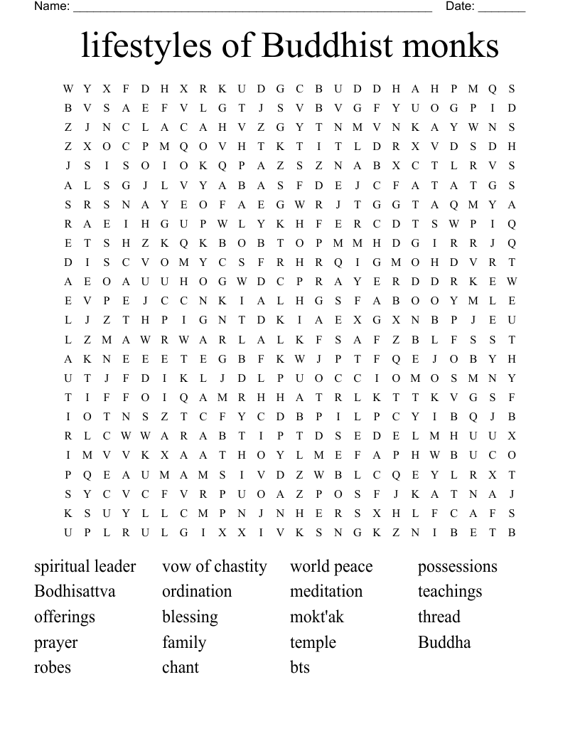 lifestyles of Buddhist monks Word Search - WordMint