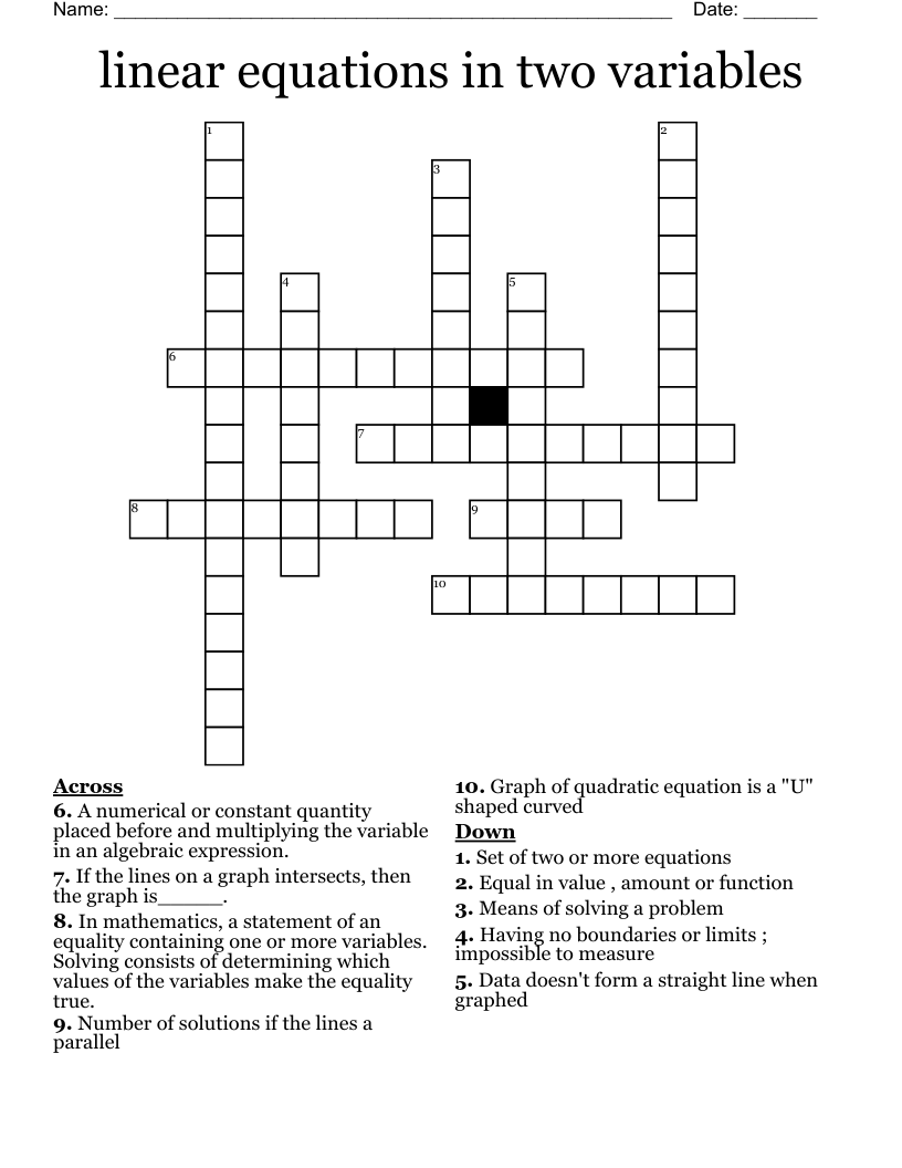 Linear Equations In Two Variables Crossword WordMint