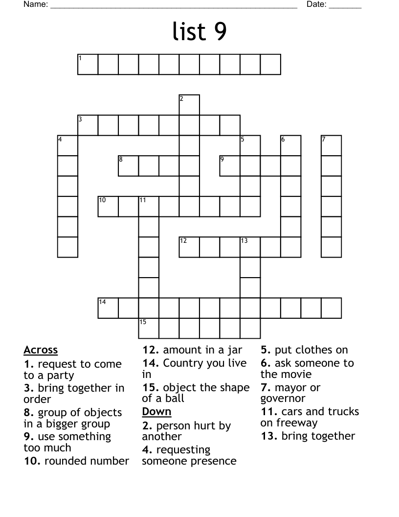 List 9 Crossword WordMint