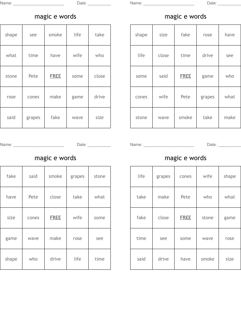 magic e words Bingo Cards - WordMint