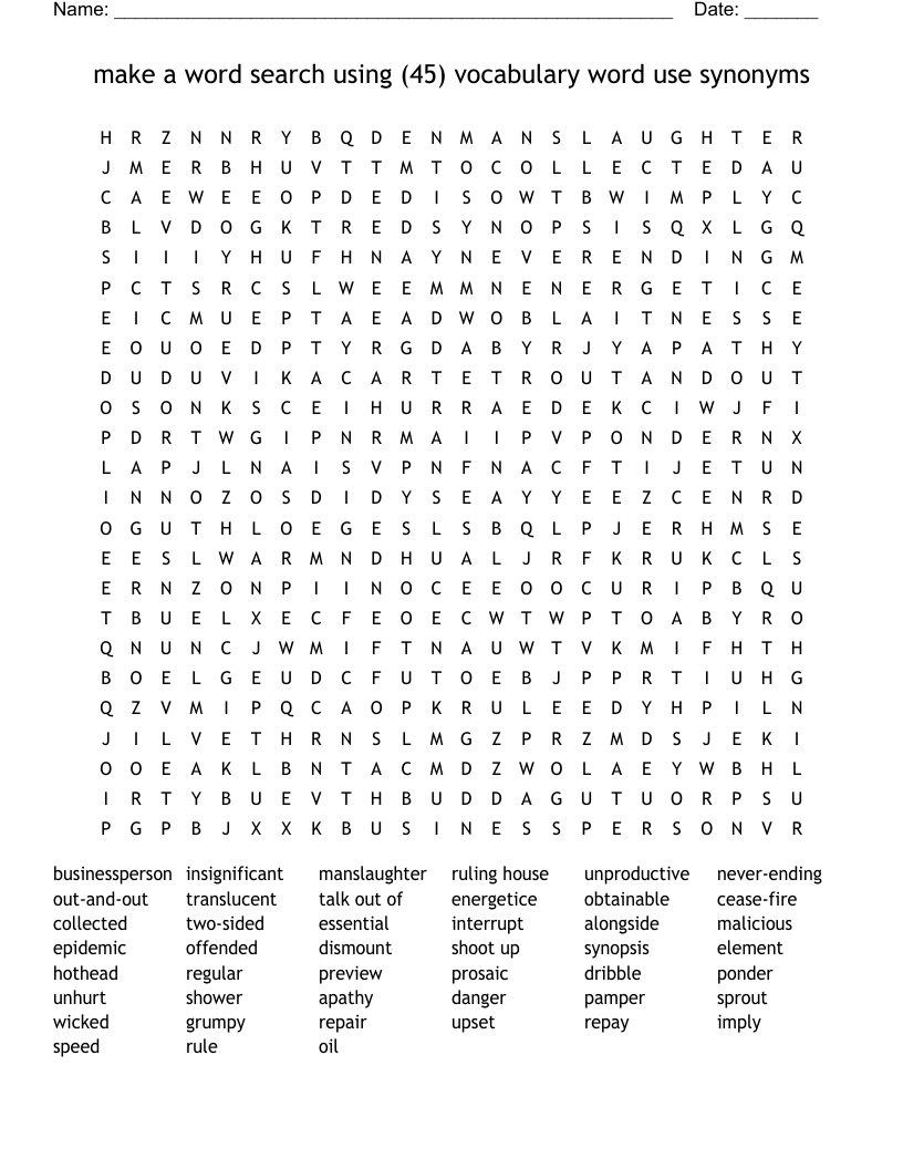 make a word search using (45) vocabulary word use synonyms - WordMint