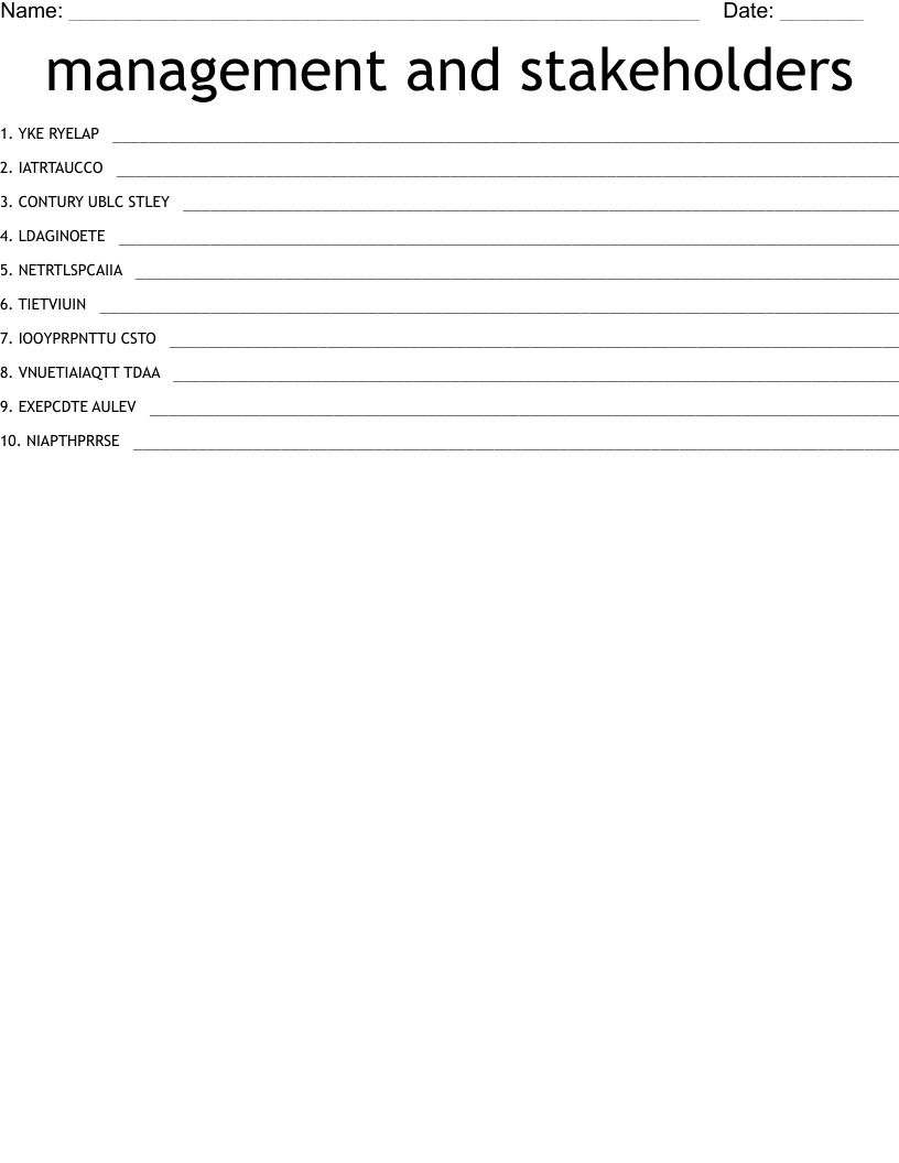 management and stakeholders Word Scramble - WordMint
