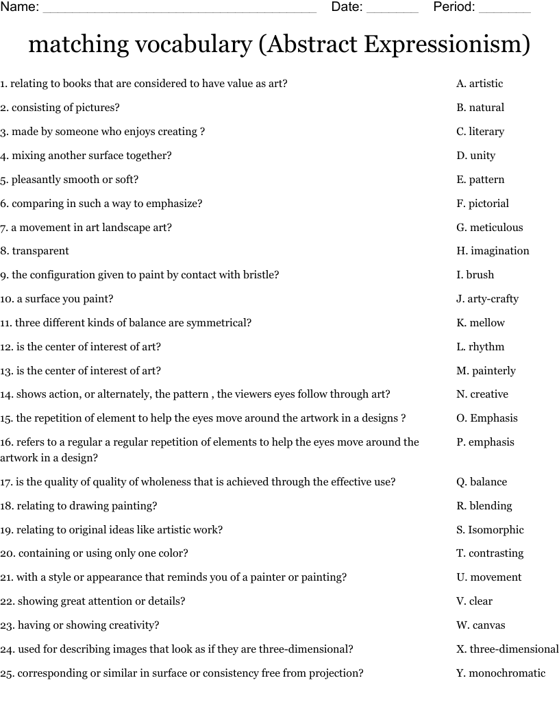 Matching Vocabulary Abstract Expressionism Worksheet WordMint