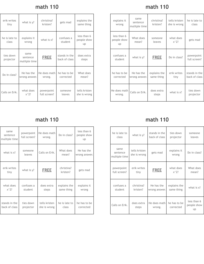Math 110 Bingo Cards WordMint