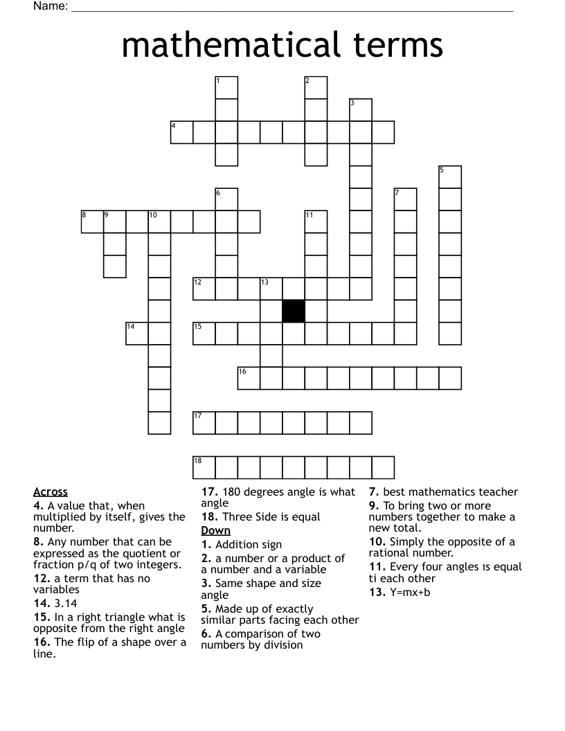 mathematical terms Crossword - WordMint