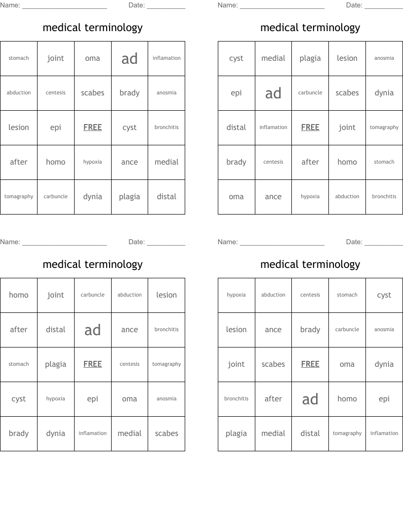 medical terminology Bingo Cards - WordMint