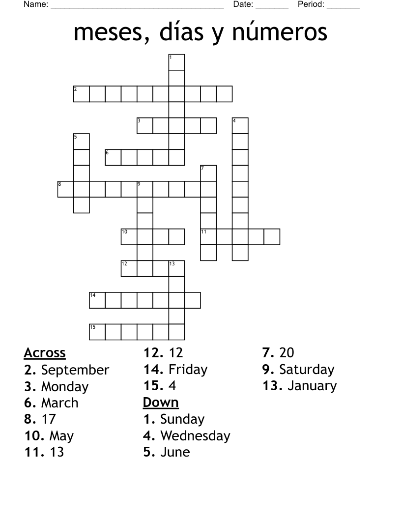 meses, días y números Crossword - WordMint