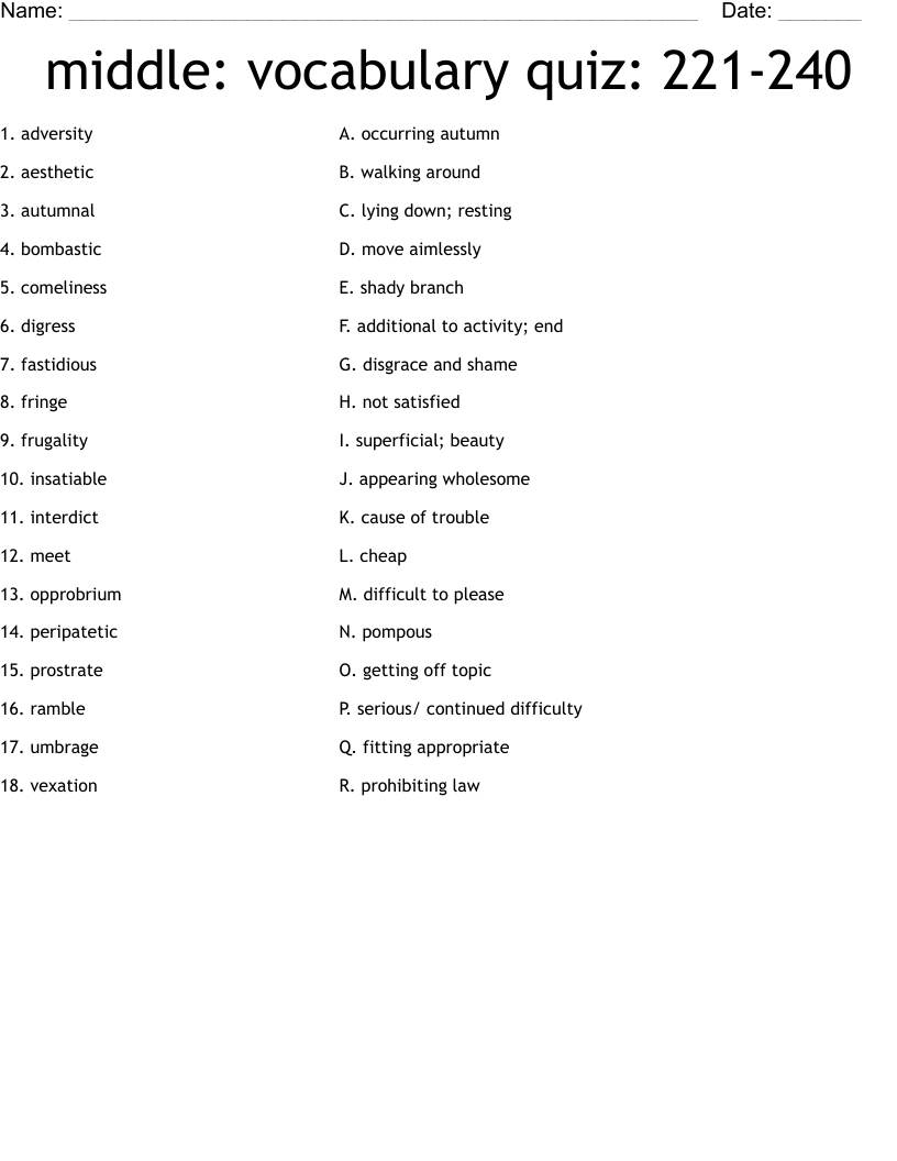 middle: vocabulary quiz: 221-240 Worksheet - WordMint