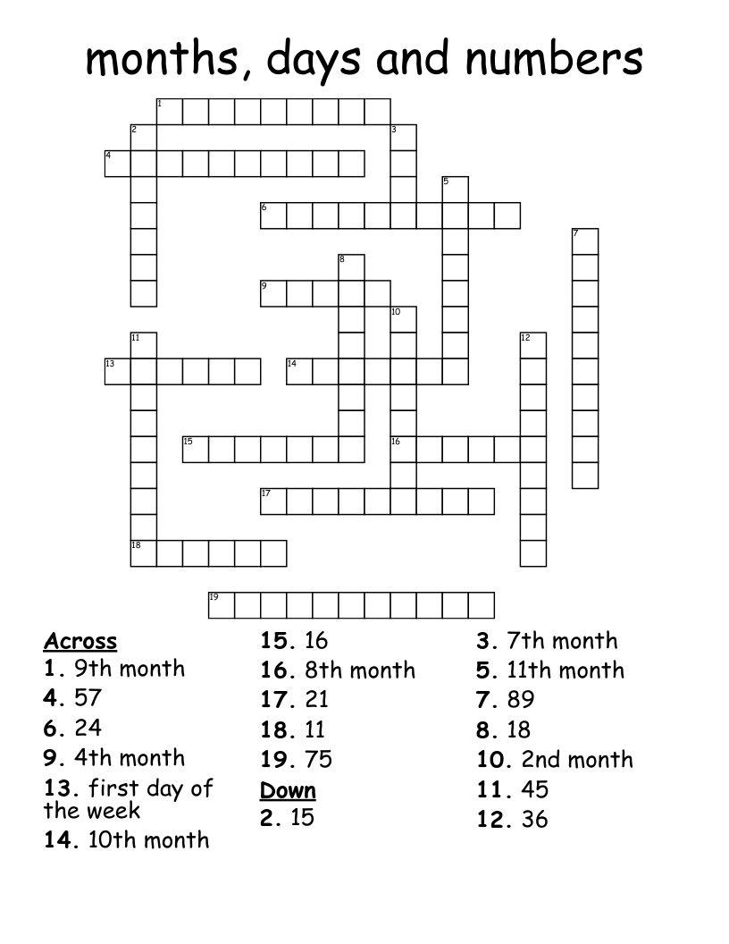 months, days and numbers Crossword - WordMint