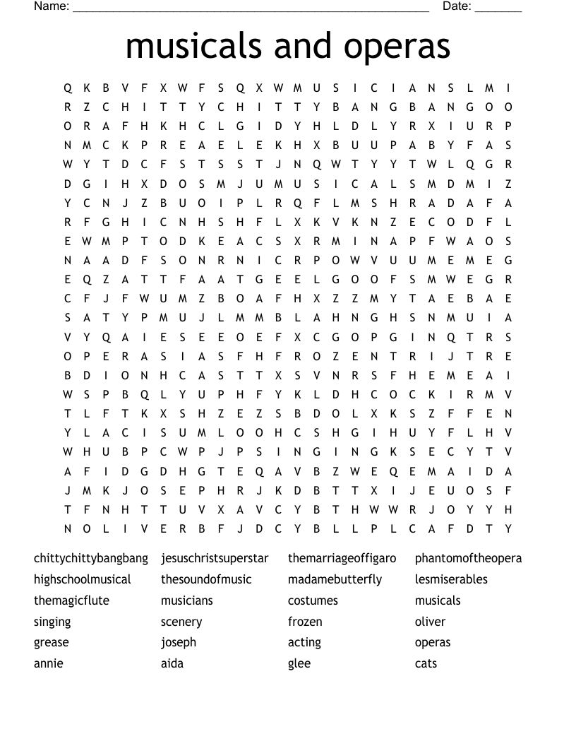 musicals and operas Word Search - WordMint