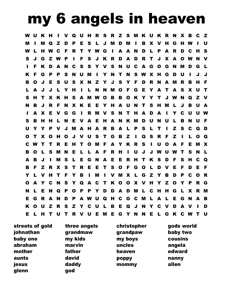 my 6 angels in heaven Word Search - WordMint
