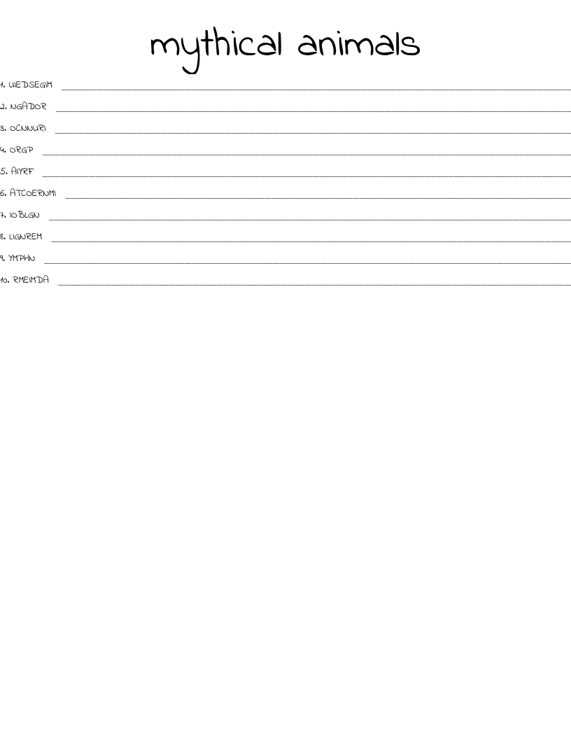 mythical animals Word Scramble - WordMint