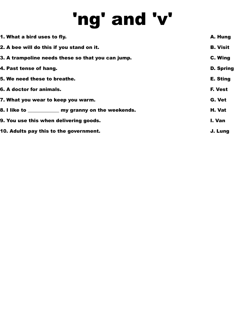 'ng' and 'v' Worksheet - WordMint
