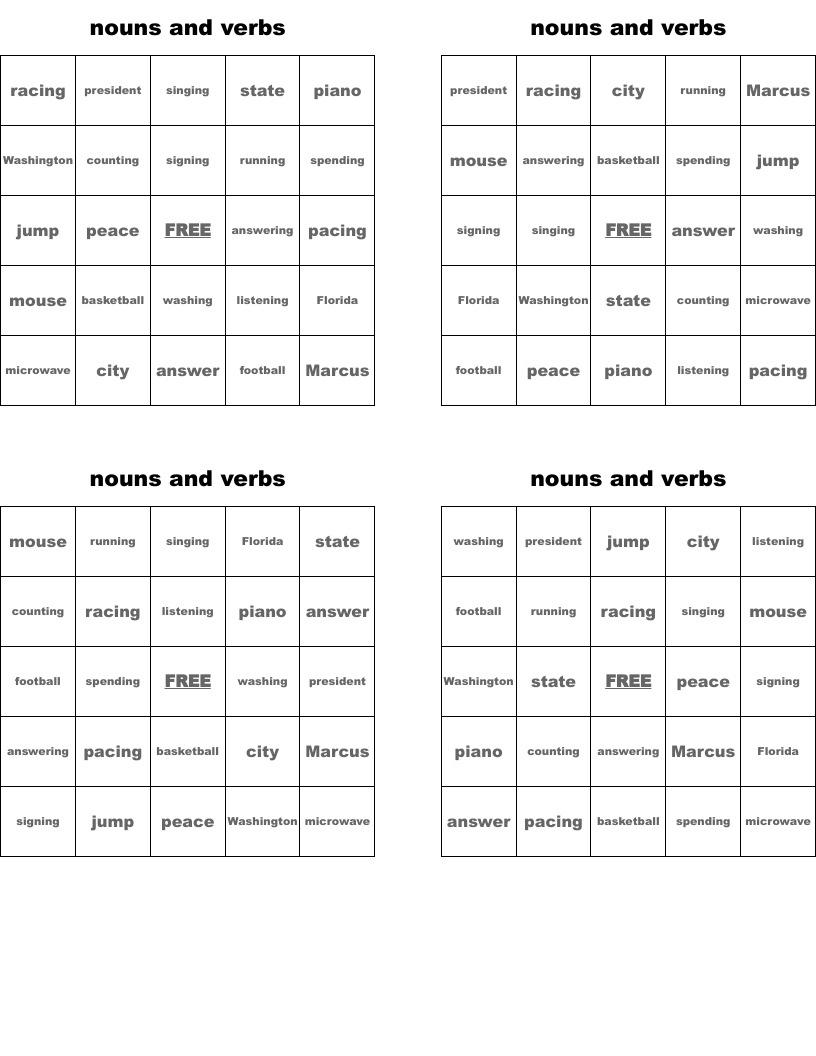 nouns and verbs Bingo Cards - WordMint