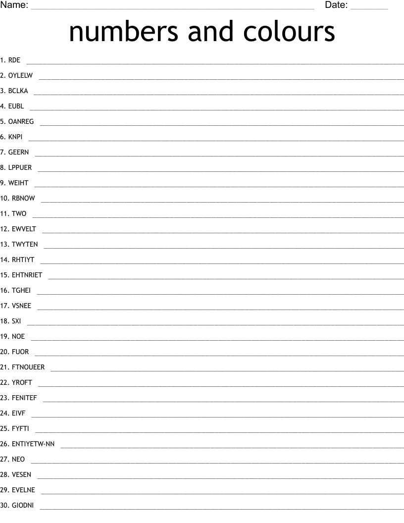 numbers and colours Word Scramble - WordMint