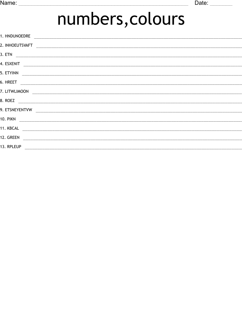 numbers,colours Word Scramble - WordMint