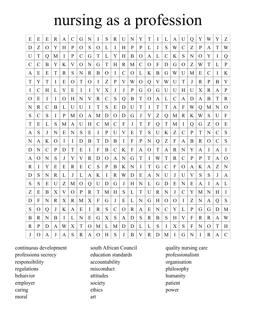 nursing as a profession Word Search - WordMint