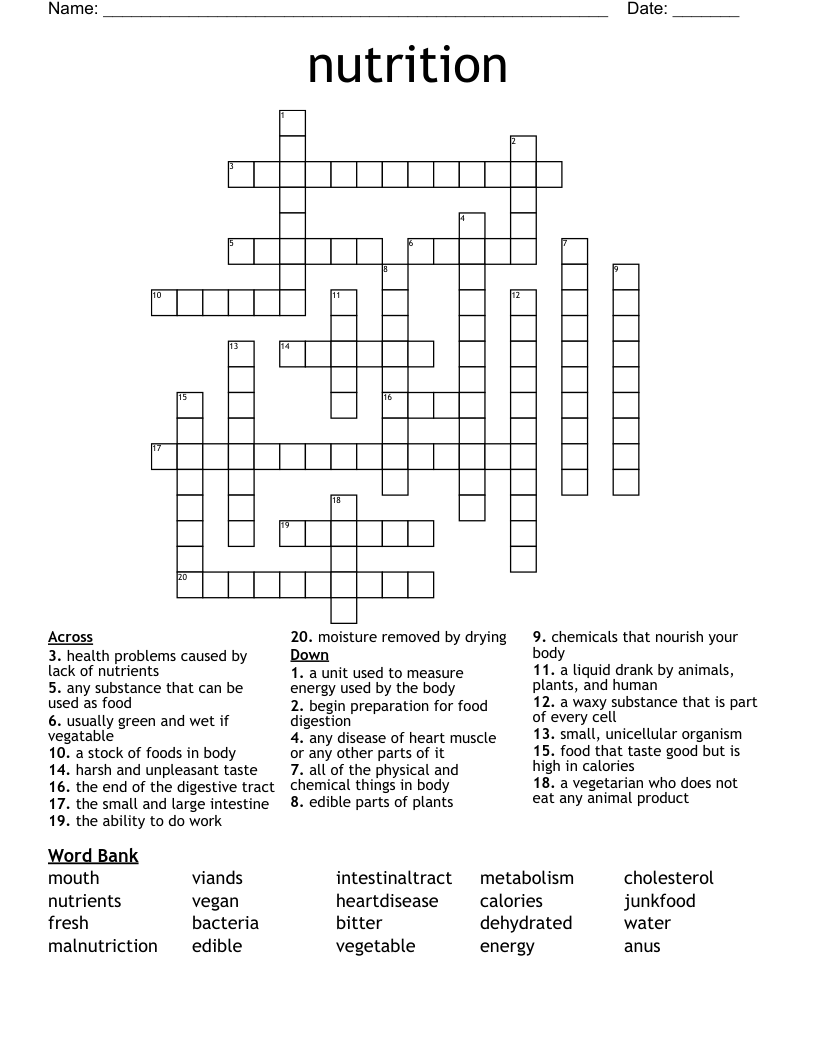 nutrition Crossword - WordMint
