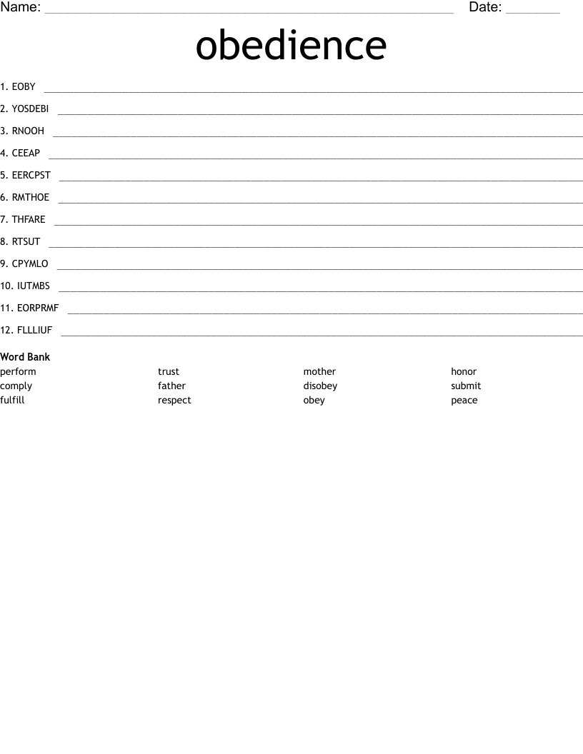 obedience Word Scramble - WordMint