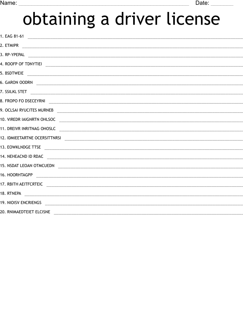 obtaining a driver license Word Scramble - WordMint