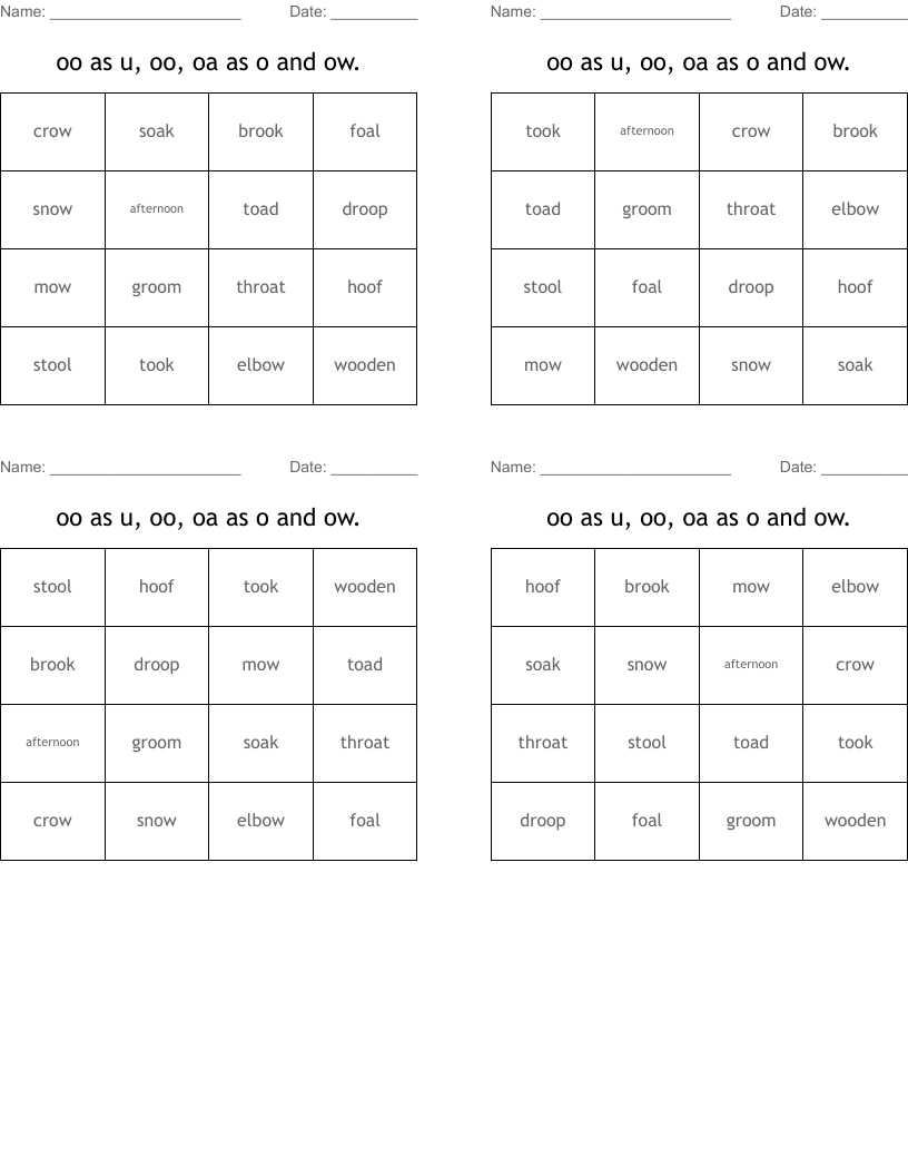 oo as u, oo, oa as o and ow. Bingo Cards - WordMint