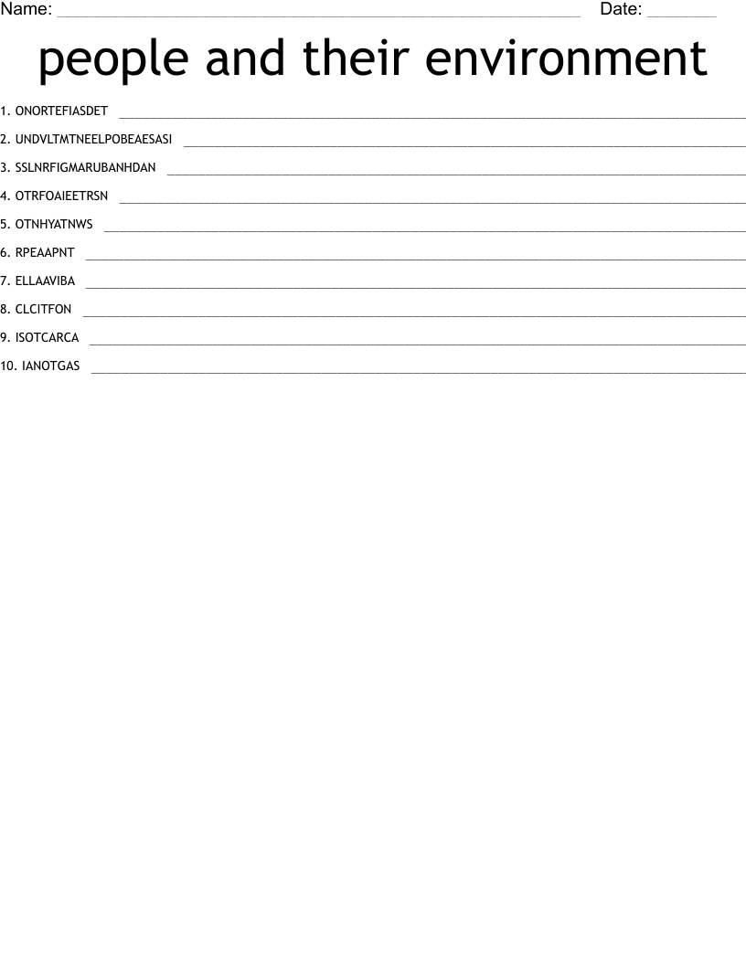 people and their environment Word Scramble - WordMint