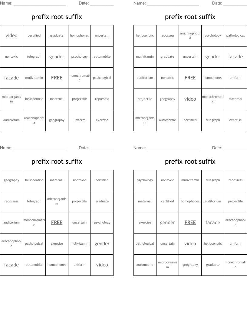 prefix root suffix Bingo Cards - WordMint