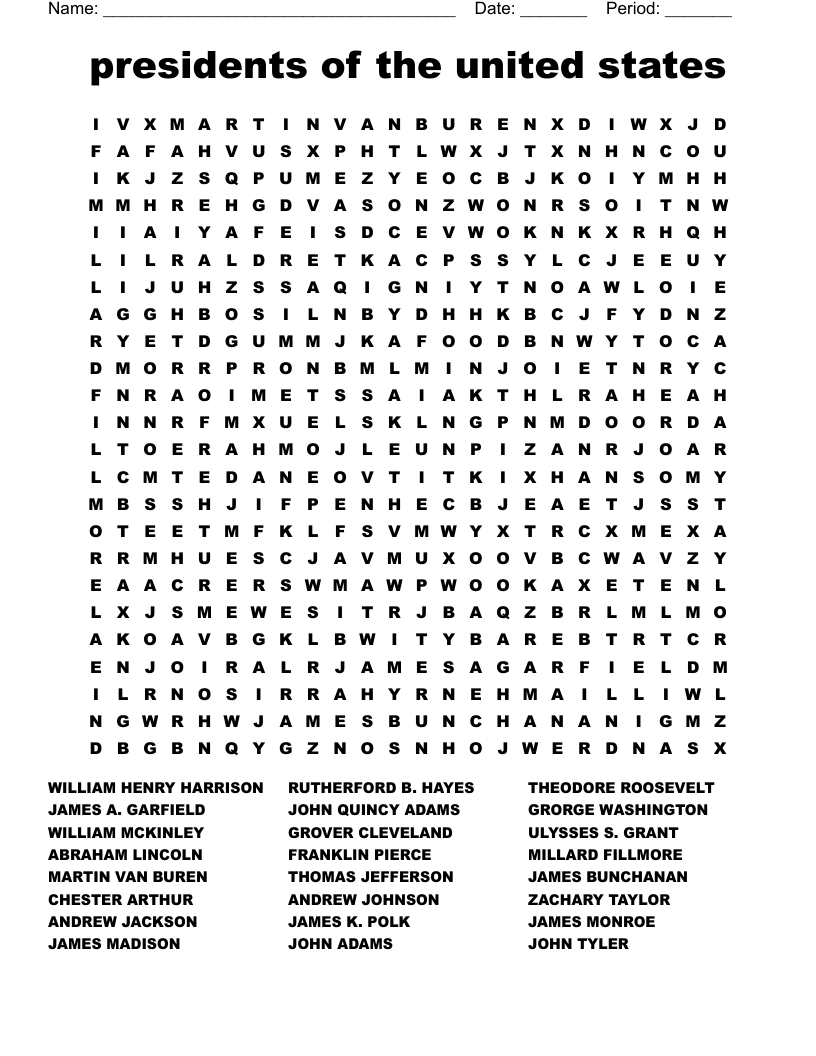 PRESIDENTS OF THE UNITED STATES Word Search WordMint