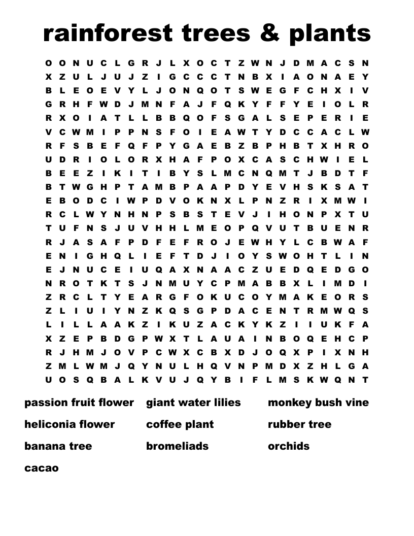 rainforest trees & plants Word Search - WordMint