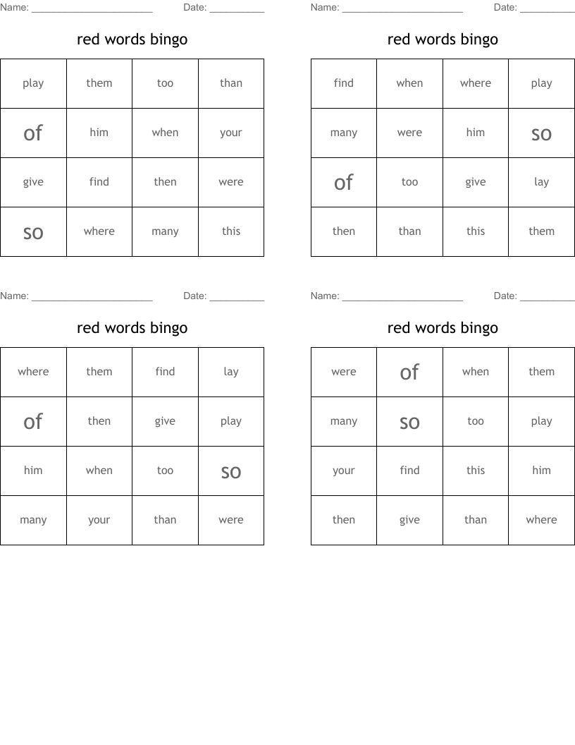 red words bingo - WordMint