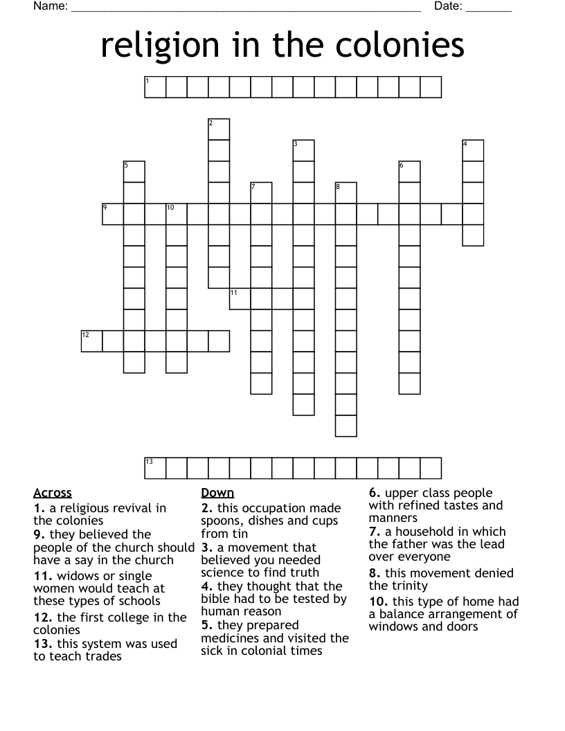 religion in the colonies Crossword - WordMint