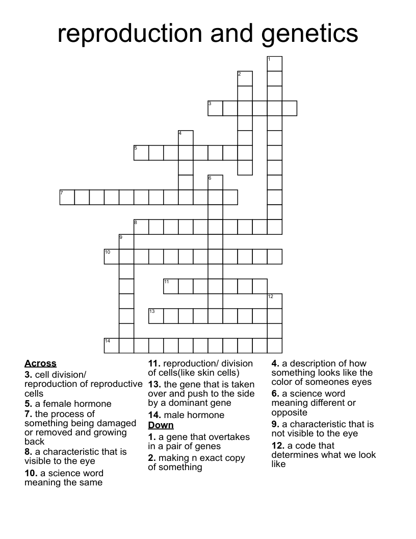 reproduction and genetics Crossword - WordMint