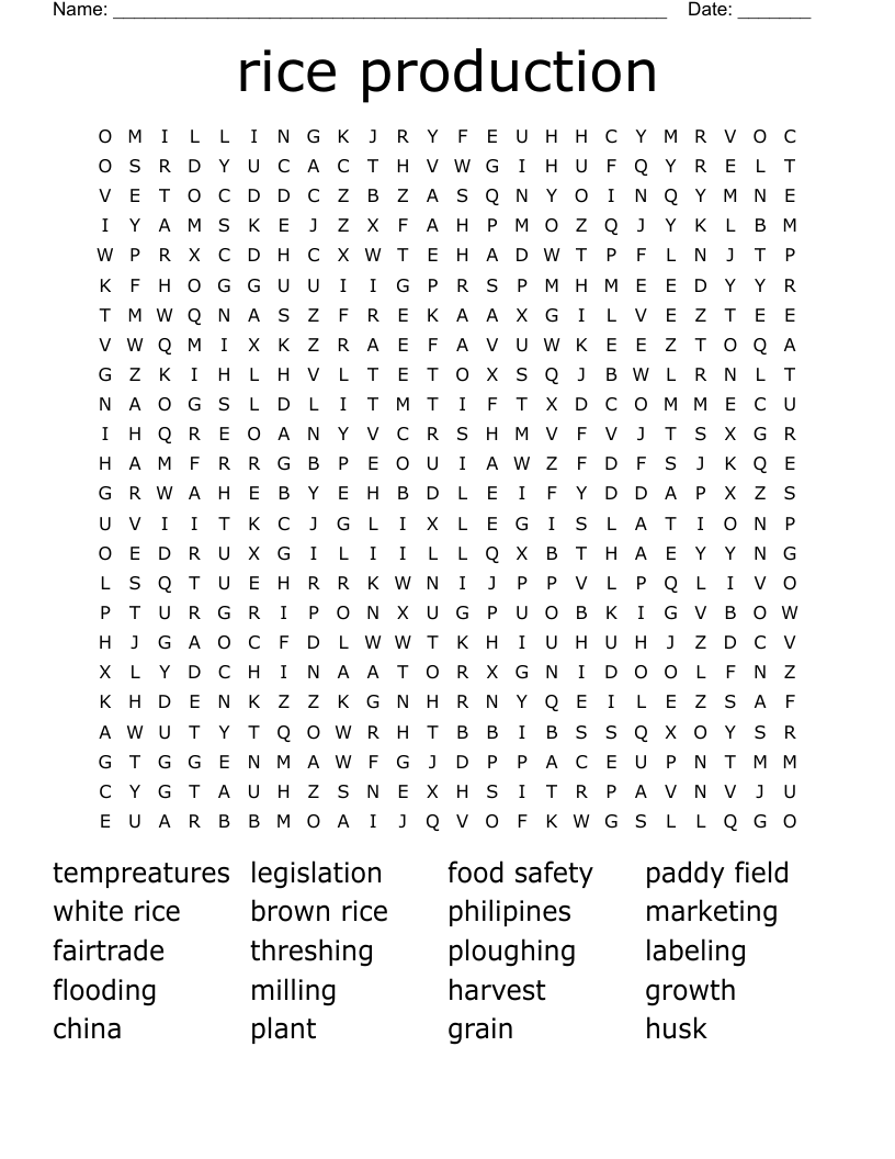 rice production Word Search - WordMint