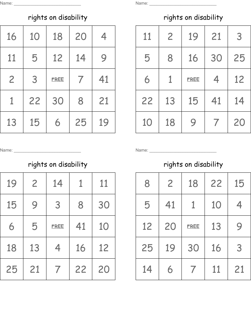 rights on disability Bingo Cards - WordMint