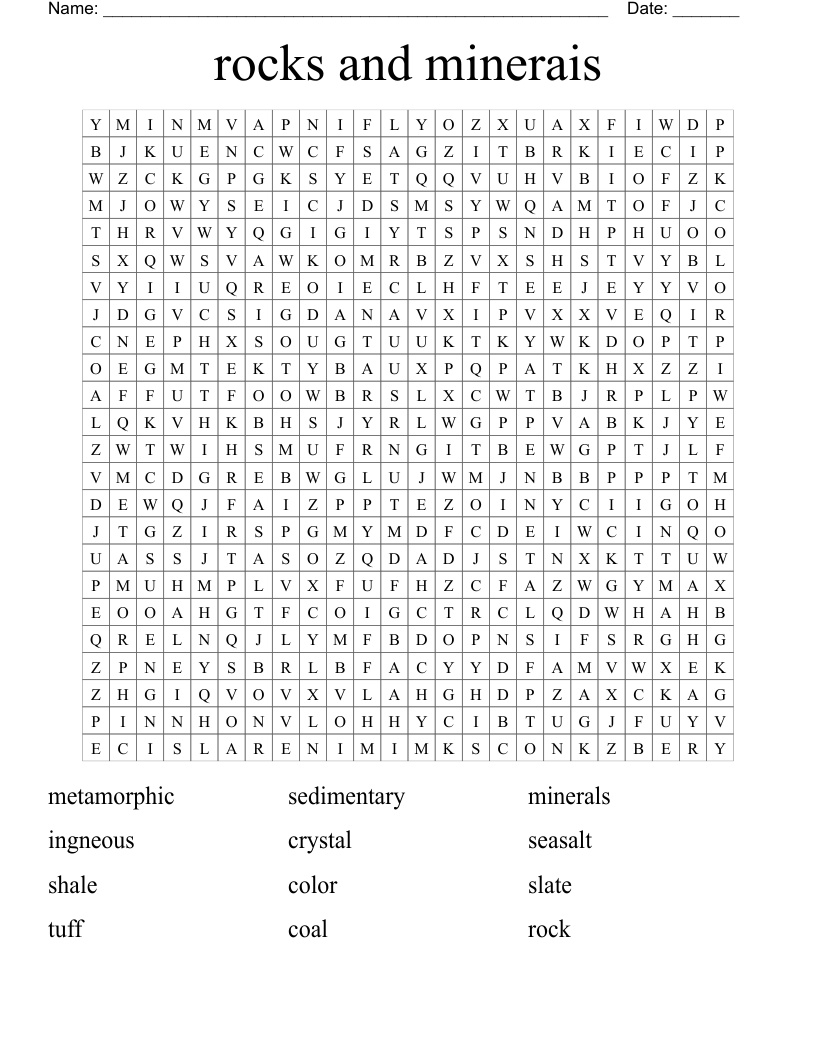 rocks and minerais Word Search - WordMint