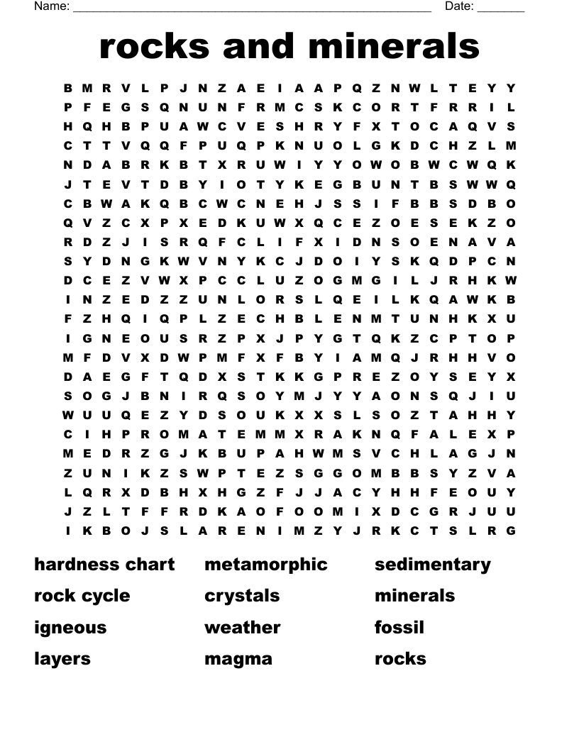 rocks and minerals Word Search - WordMint