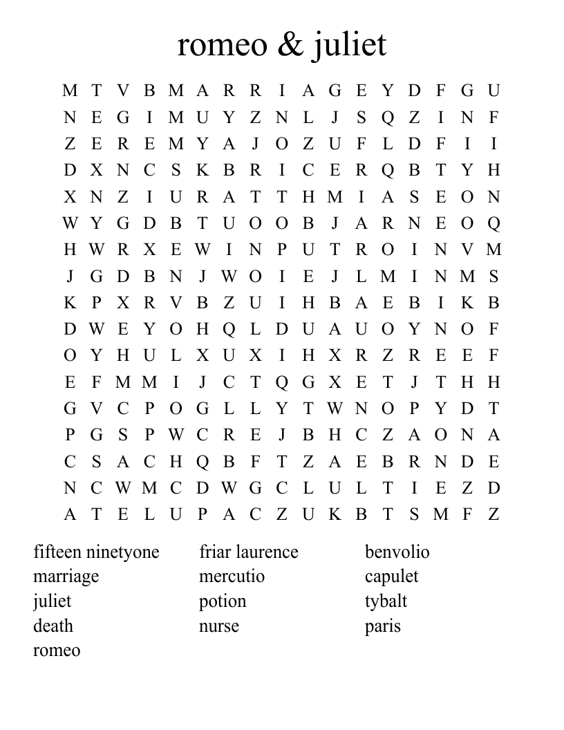 romeo & juliet Word Search - WordMint