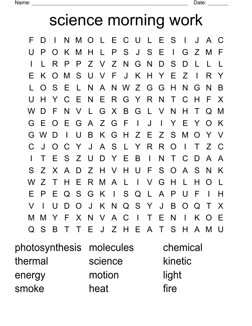 science morning work Word Search - WordMint