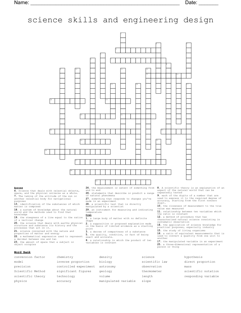 science skills and engineering design Crossword - WordMint