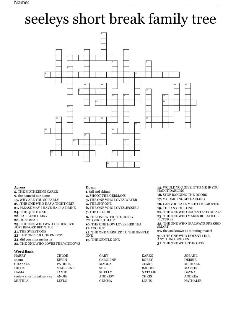 seeleys short break family tree Crossword - WordMint